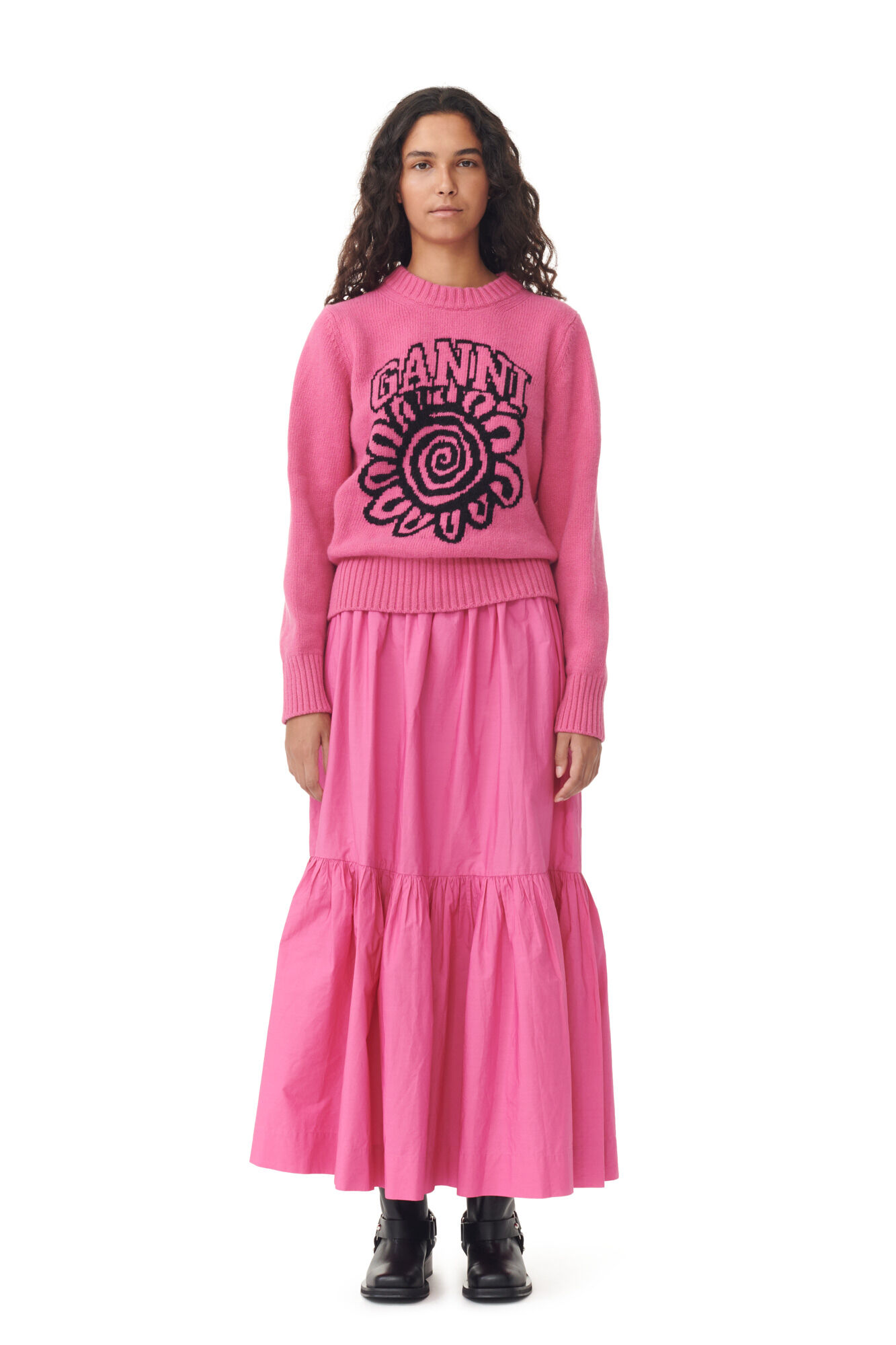 Cone Flower Pink Cotton Poplin Long Flounce Skirt | GANNI CA