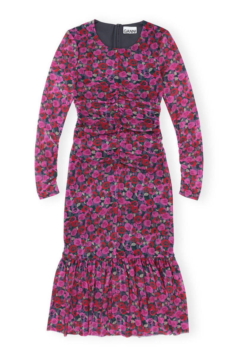 Fiji Flower Floral Mesh Long Sleeve Midi Dress | GANNI UK