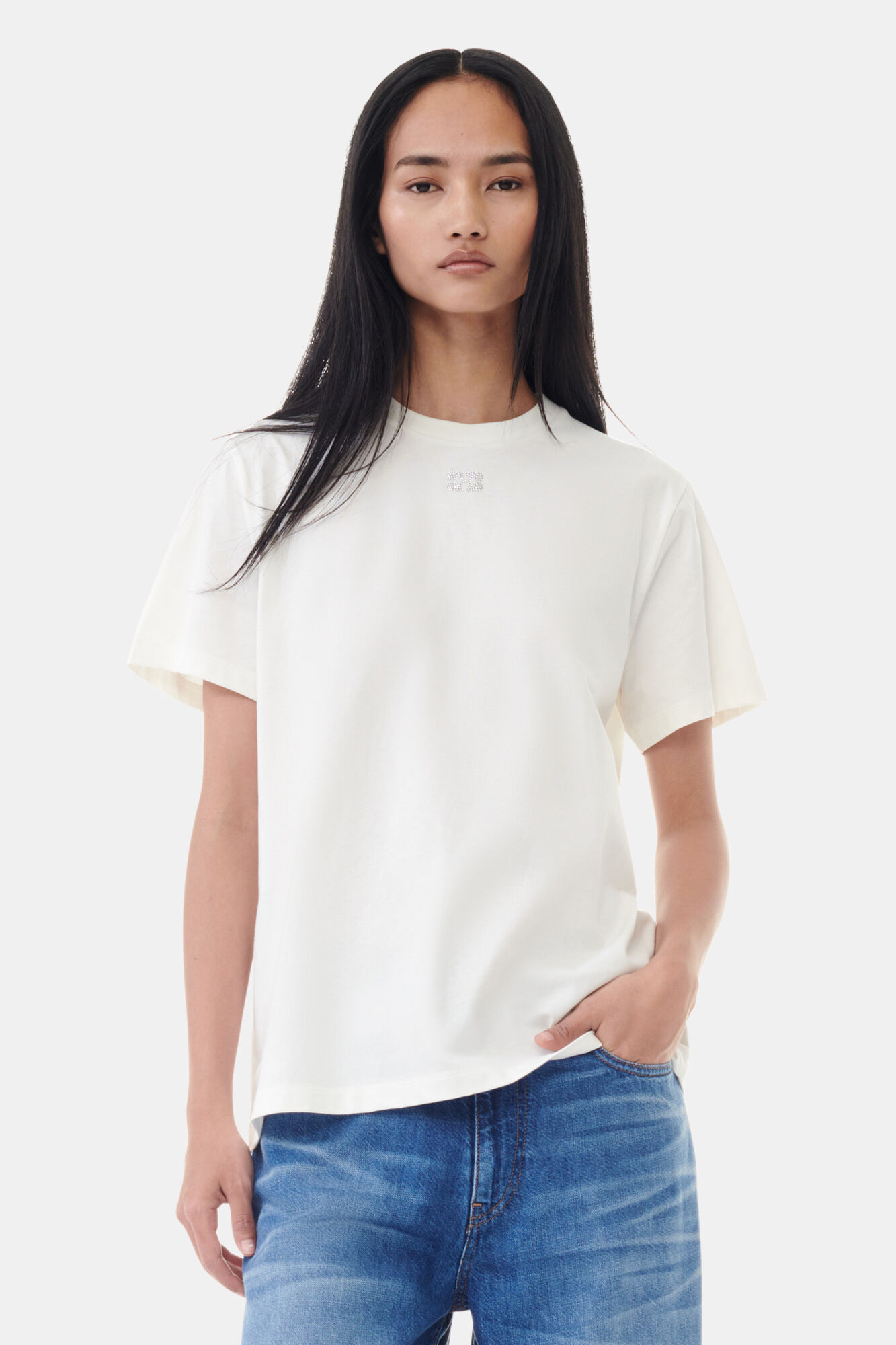 Egret White Basic Jersey Rhinestone Relaxed T-shirt | GANNI