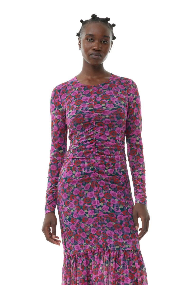 Fiji Flower Floral Mesh Long Sleeve Midi Dress | GANNI UK