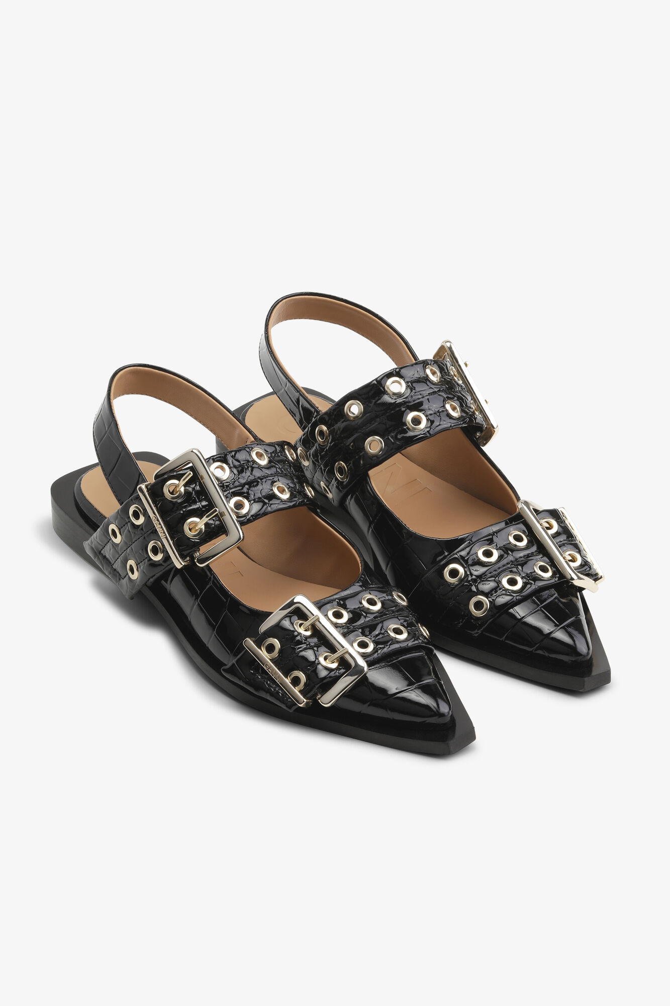 Black Black Croco Patent Feminine Buckle Ballerinas | GANNI UK