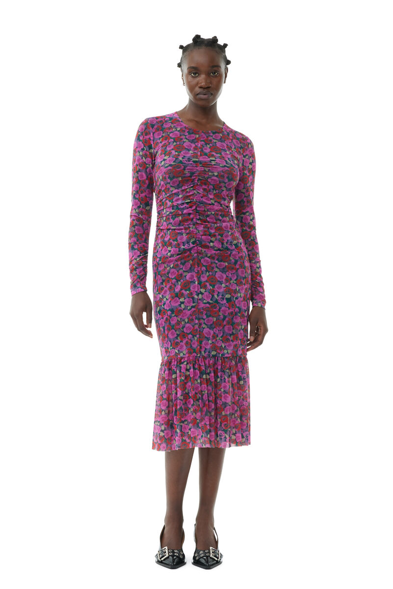 Floral Mesh Long Sleeve Midi Dress | GANNI