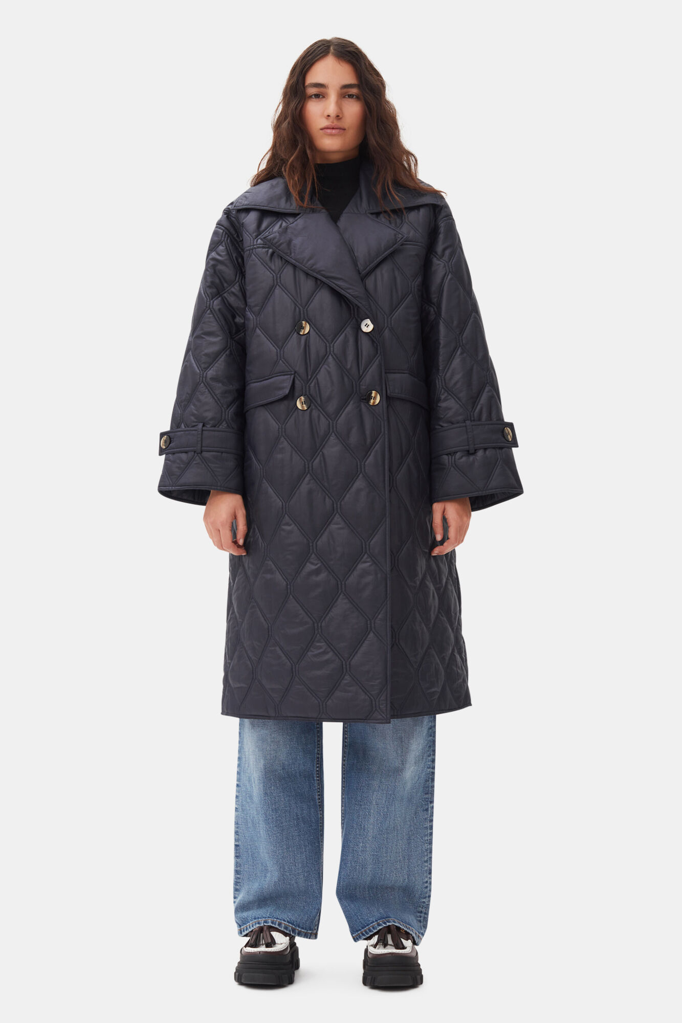 Deep Well Dark Blue Shiny Quilt Coat | GANNI US
