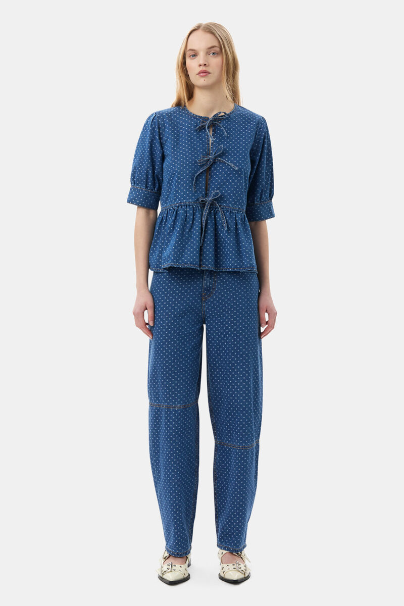 Mid Blue Stone Blue Polka Dot Denim Peplum Blouse Ganni