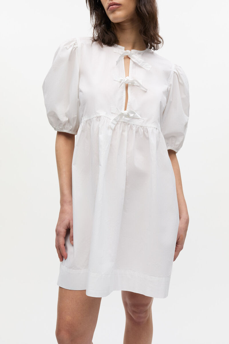 Bright White White Cotton Poplin Tie String Mini Dress | GANNI