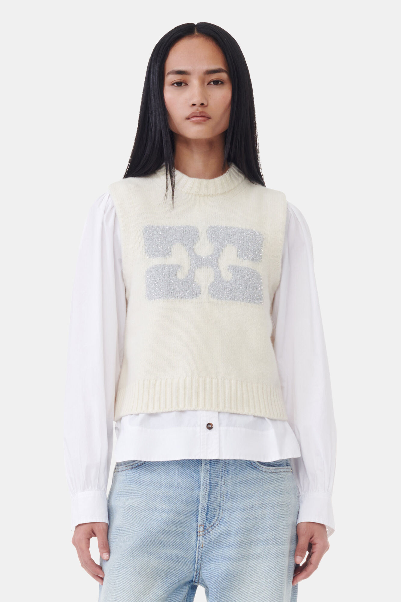 Egret White Graphic Wool Mix Vest | GANNI AE