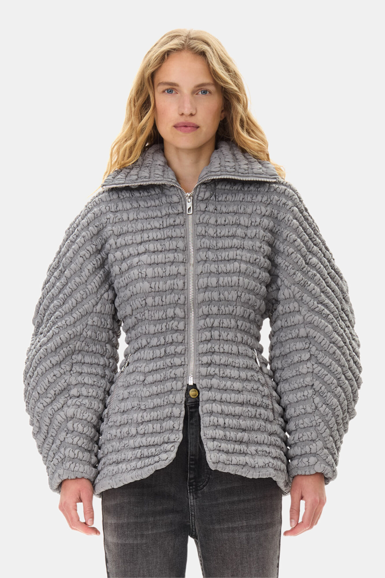Mirage Gray Grey Stretch Quilt Curve Sleeve Jacket | GANNI
