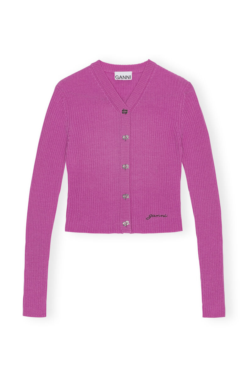 Fiji Flower Pink Mini Ribbed Merino Cardigan | GANNI AE