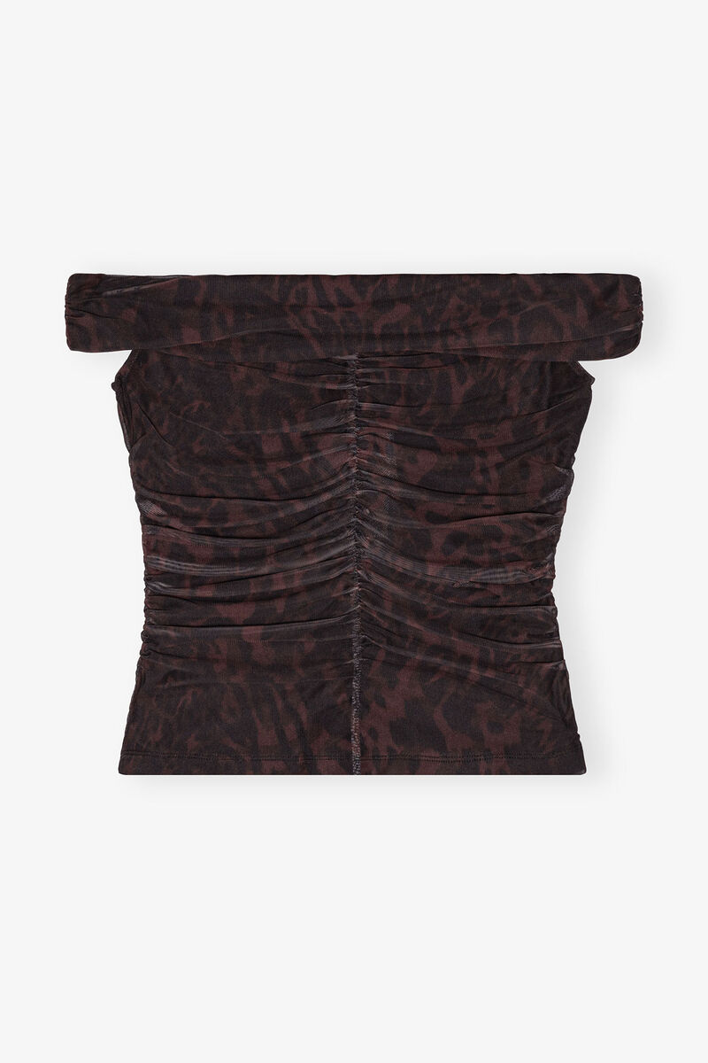 Bitter Chocolate Printed Mesh Off-shoulder Ruched Top | GANNI AU