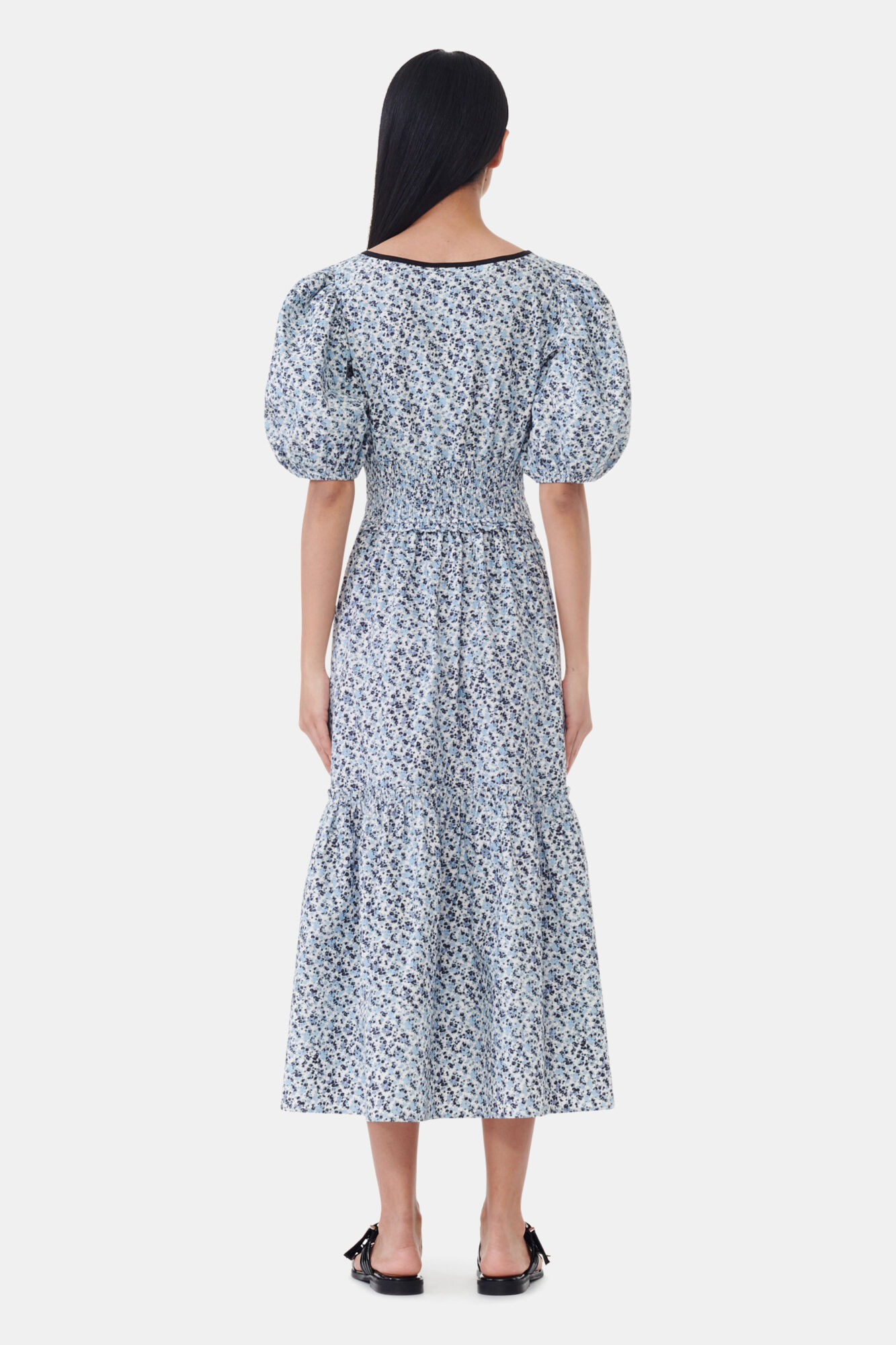 Glacier Lake Blue Floral Printed Cotton Long Smock Dress | GANNI