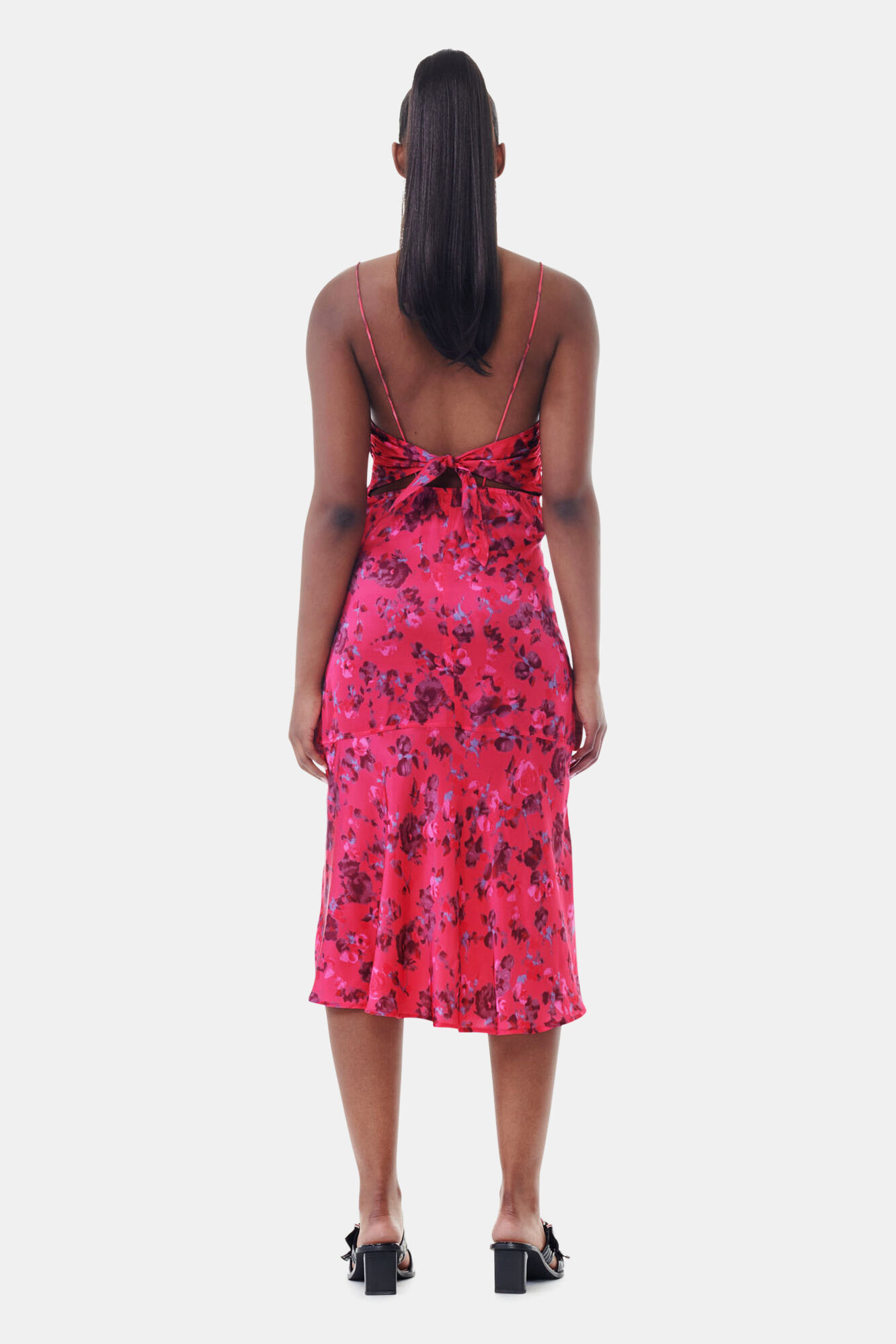 Raspberry Wine Pink Floral Printed Satin Midi Dress Ganni