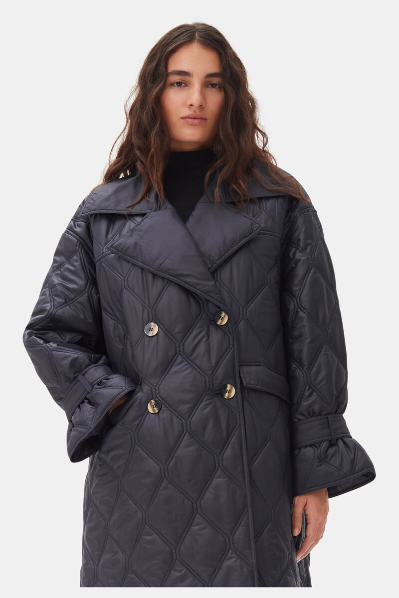 Deep Well Dark Blue Shiny Quilt Coat | GANNI UK