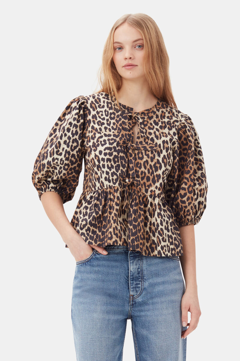 Leopard Leopard Cotton Poplin Peplum Tie Blouse | GANNI US