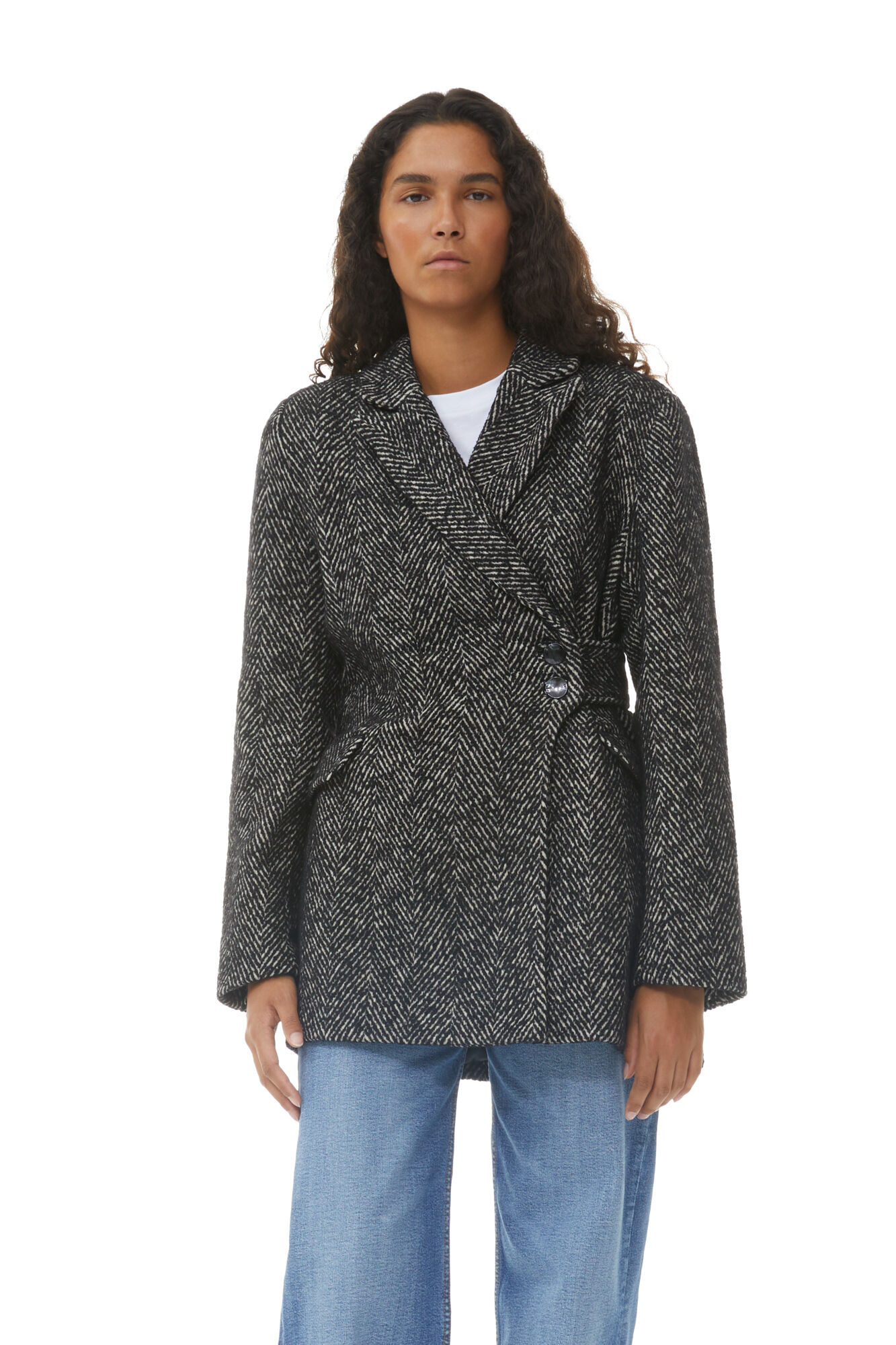 Black Herringbone Wool Belt Blazer | GANNI