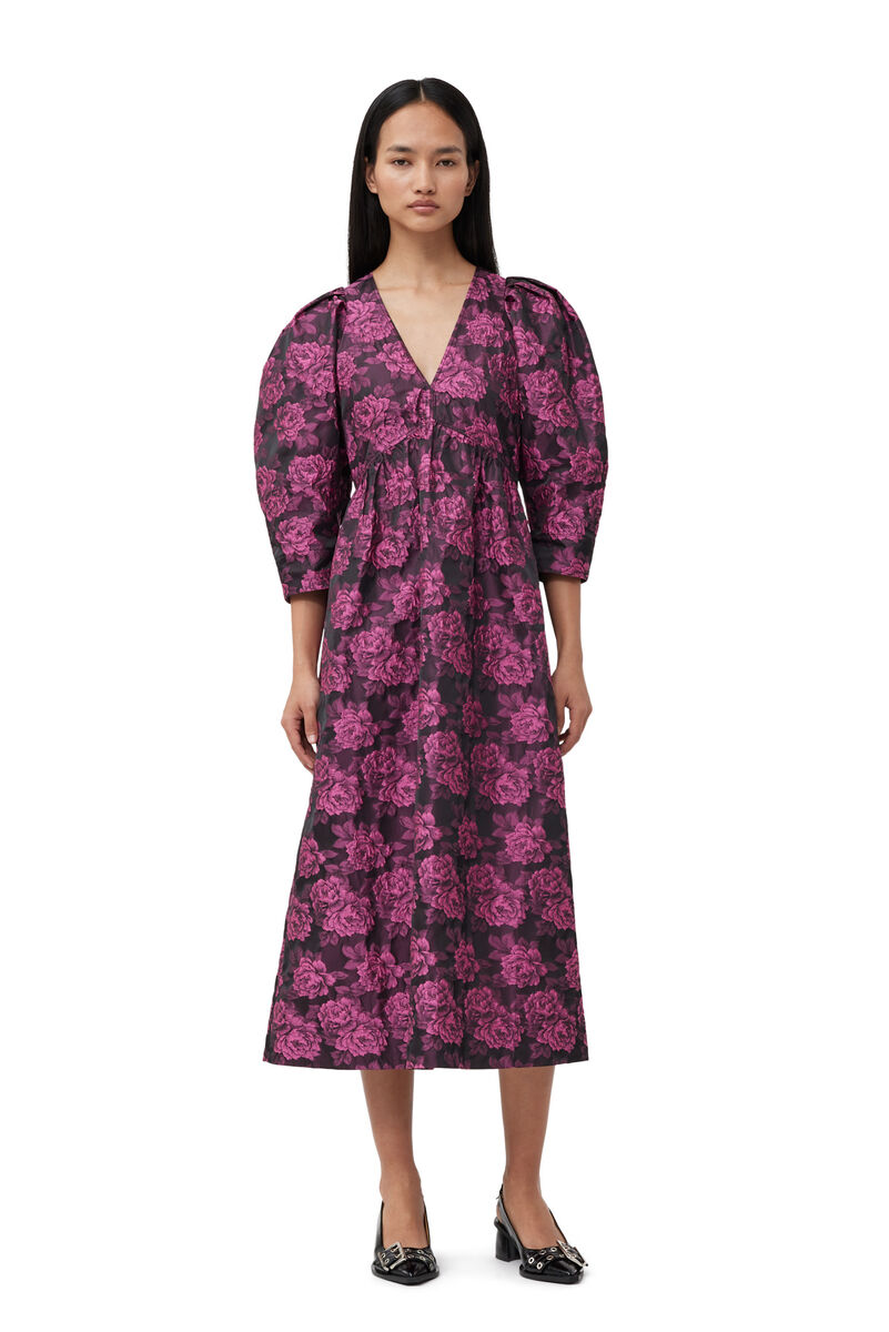 Cone Flower Pink Botanical Jacquard V-neck Midi Dress | GANNI CH