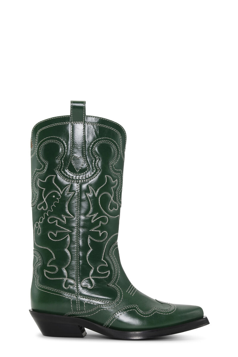 Kelly Green Mid Shaft Embroidered Western Boots | GANNI KR 가니