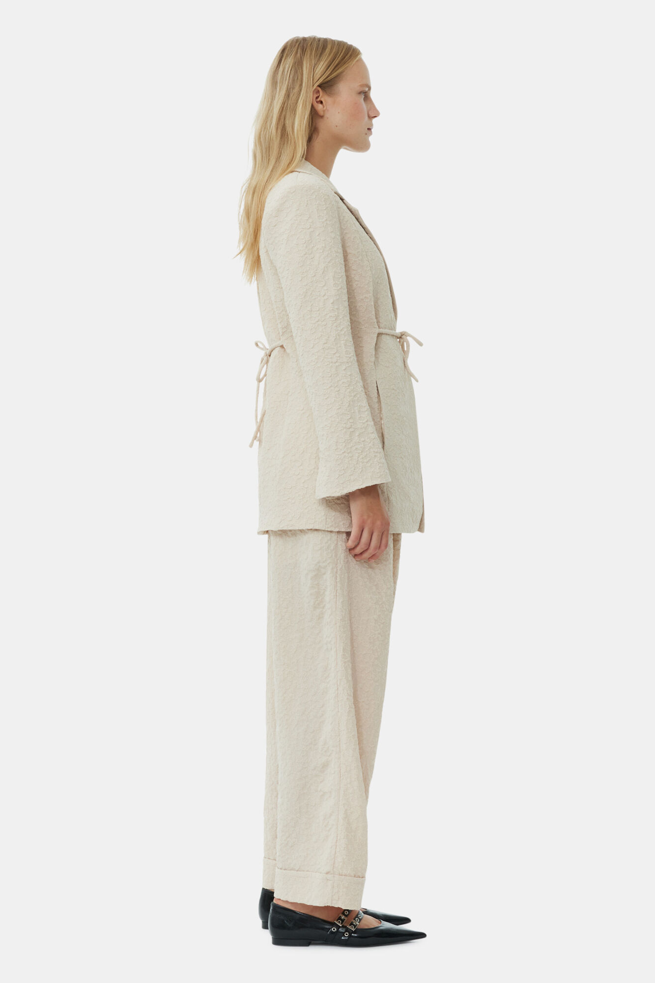 Oyster Gray Beige Textured Suiting Tie String Blazer | GANNI UK