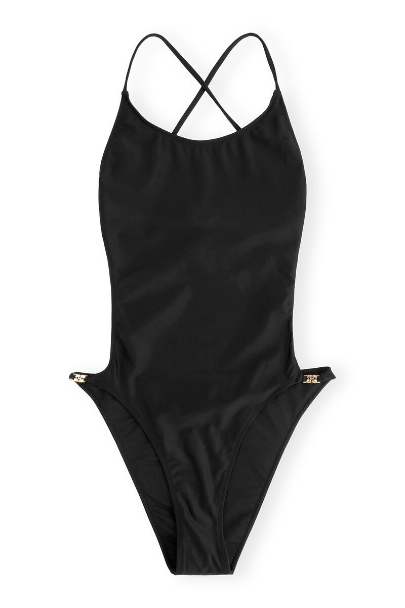 Black Einfarbiger String Badeanzug Aus Recyceltem Material Ganni De