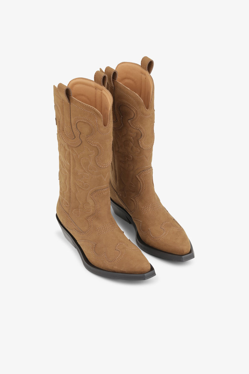 Tobacco Brown Brown Suede Mid Shaft Embroidered Western Boots | GANNI NL