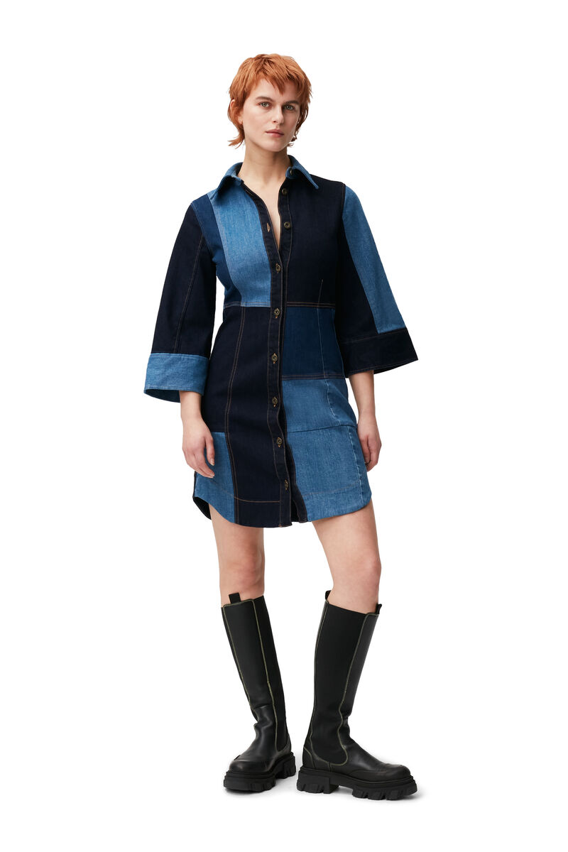 Indigo Patchwork Denim Patchwork Mini Shirt Dress | GANNI US