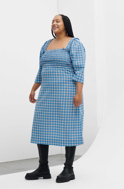 Ganni Seersucker Shirred Midi Dress Check Azure Blue Size 38 | ModeSens