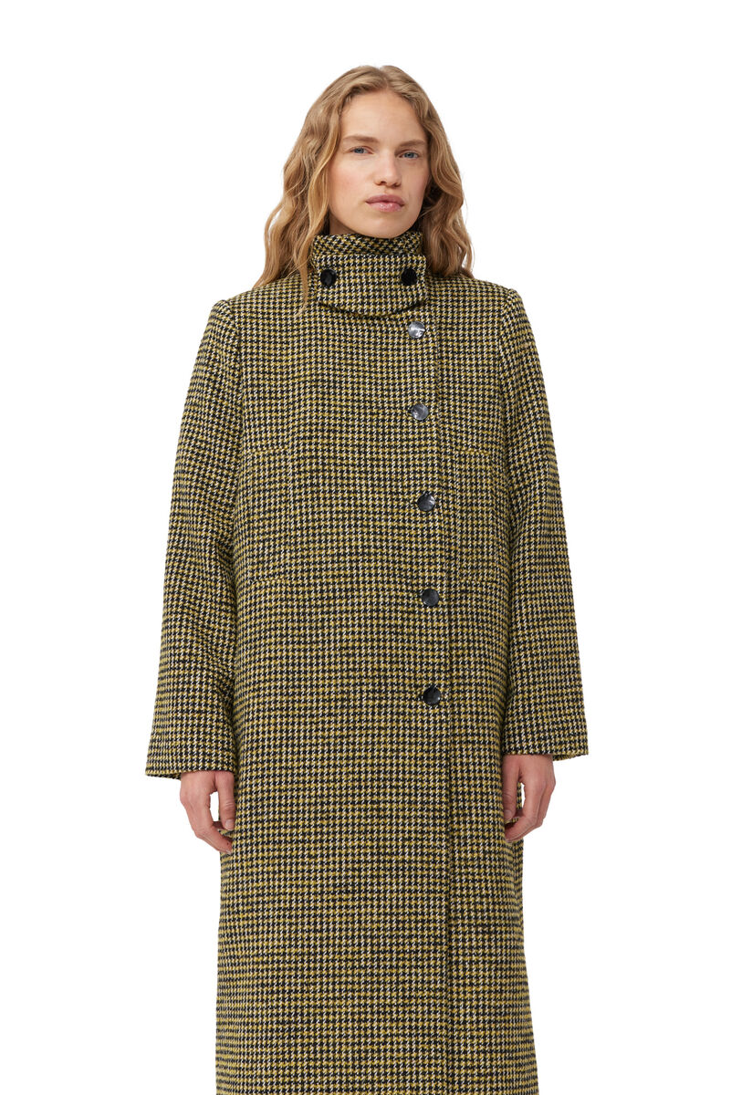 Blazing Yellow Woollen Checkered Coat | GANNI KR 가니