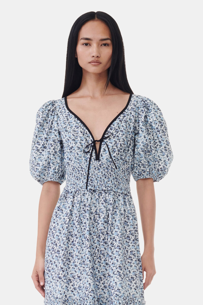 Glacier Lake Blue Floral Printed Cotton Long Smock Dress | GANNI NL