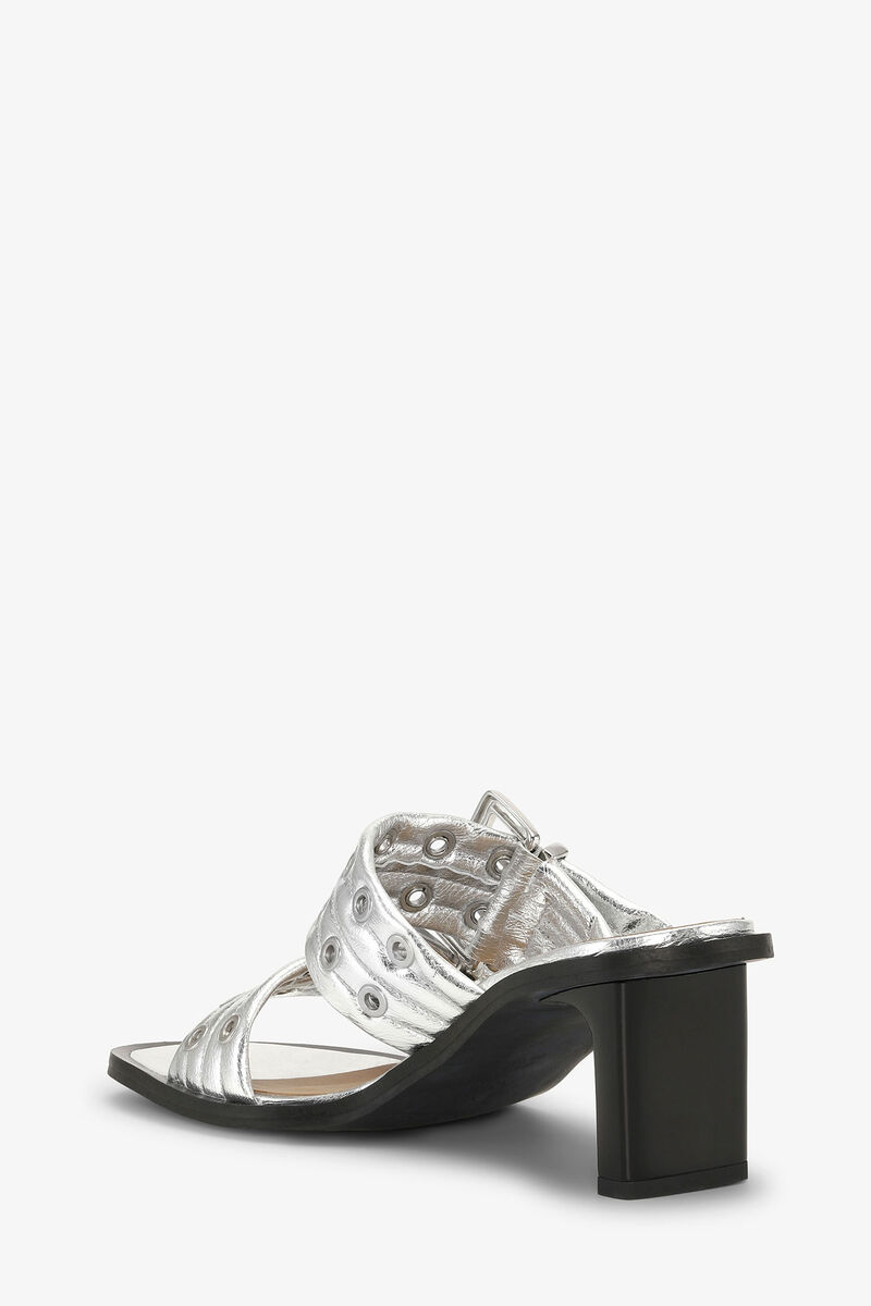 Silver Silver Metallic Feminine Buckle Heeled Mule Sandales | GANNI SI