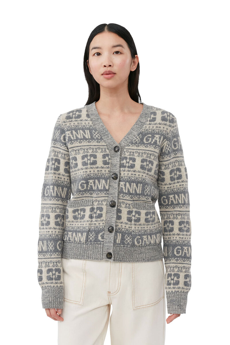 Frost Gray Grey Logo Wool Mix Cardigan | GANNI AE