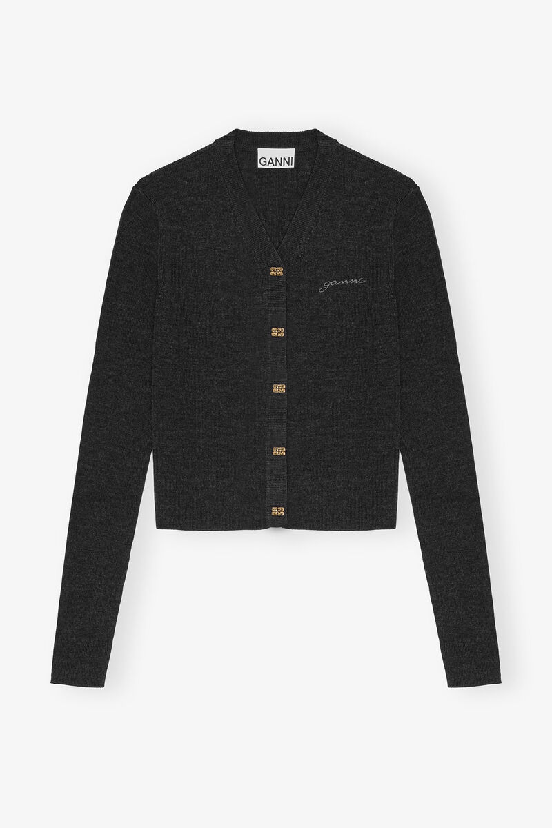 Phantom Schwarzer Mini-Cardigan aus Merino-Rippstrick | GANNI CH