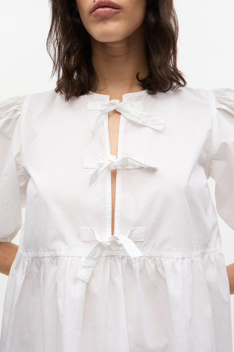 Bright White White Cotton Poplin Tie String Mini Dress | GANNI US