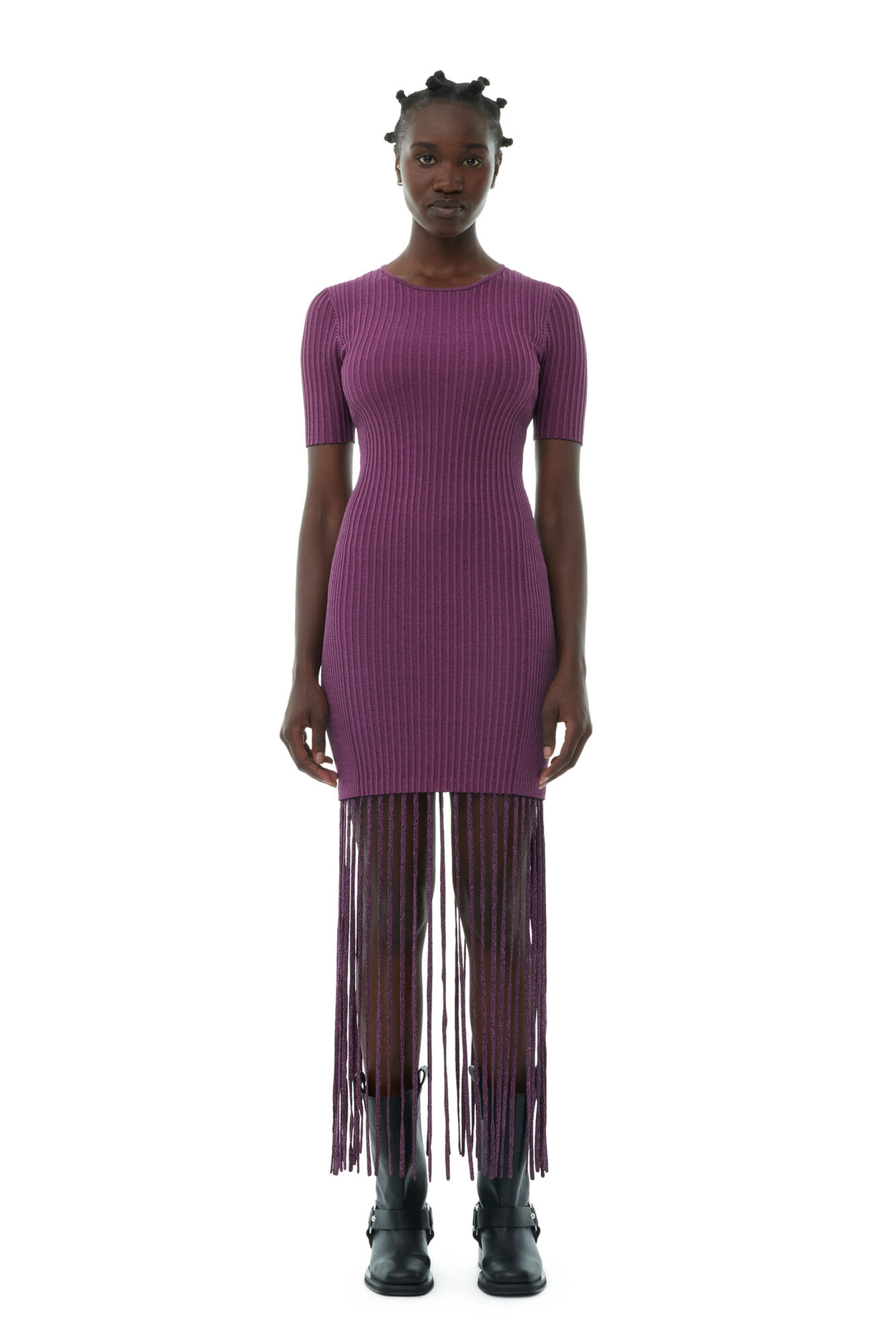 Fiji Flower Purple Melange Knit Fringe Short Sleeve Mini Dress | GANNI DK