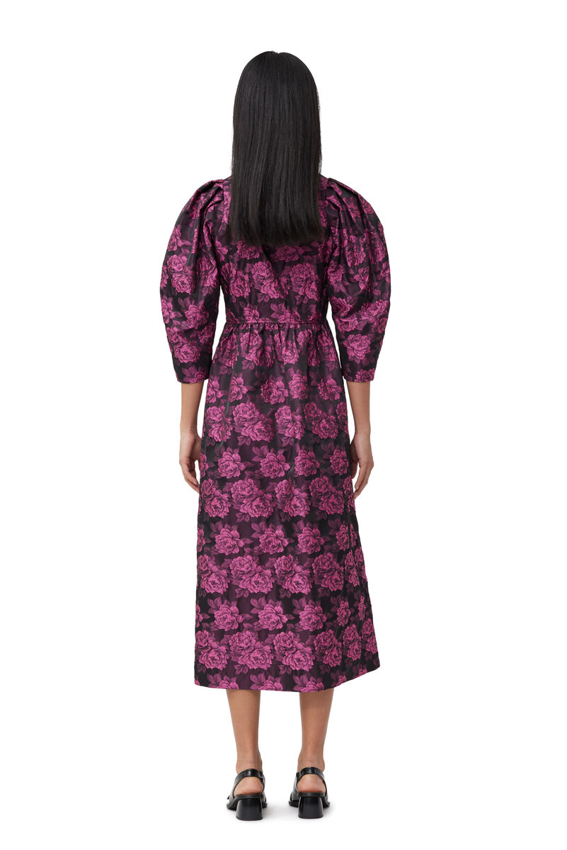 Cone Flower Pink Botanical Jacquard V-neck Midi Dress | GANNI CH