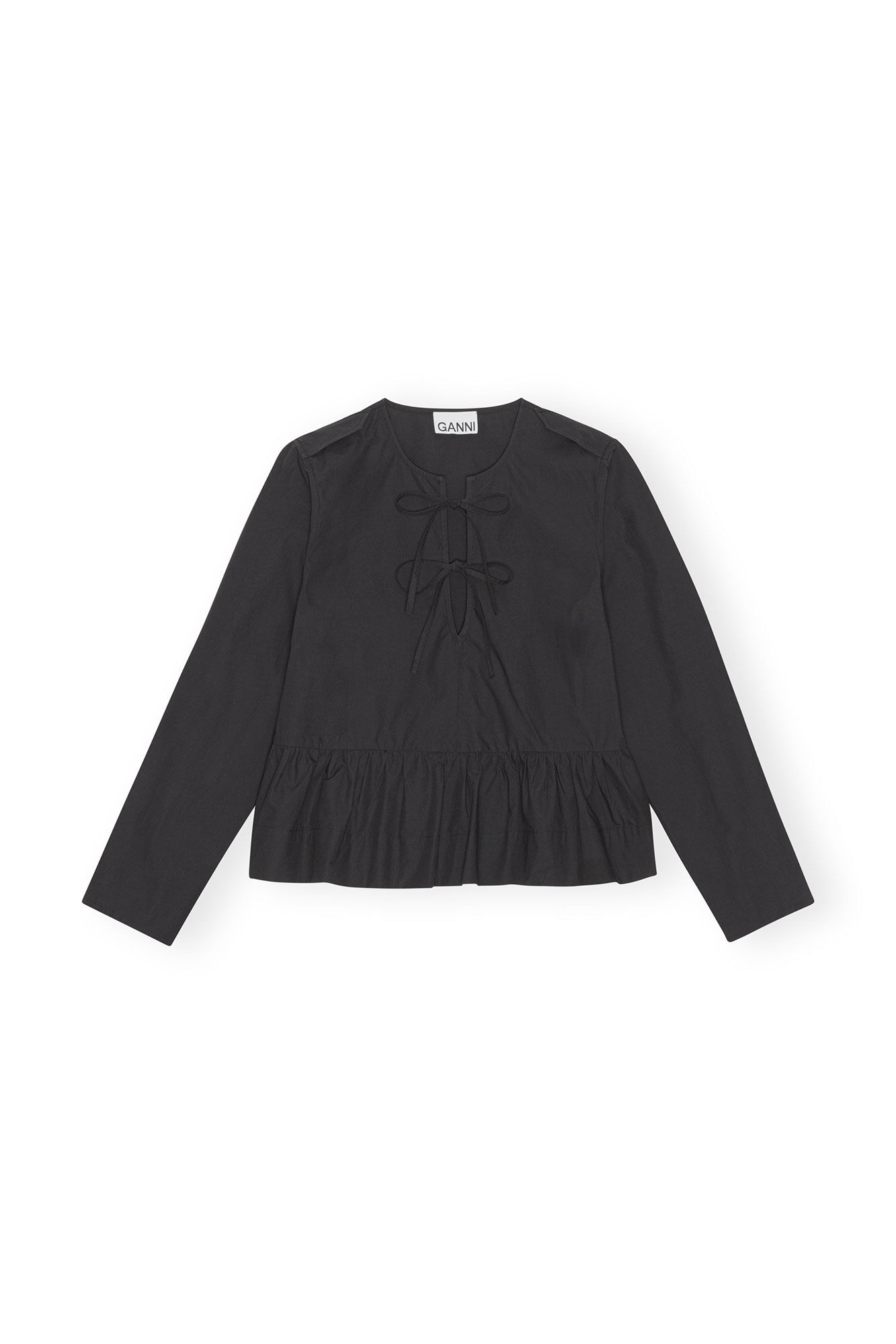 Black Black Cotton Poplin Tie String Peplum Blouse | GANNI UK