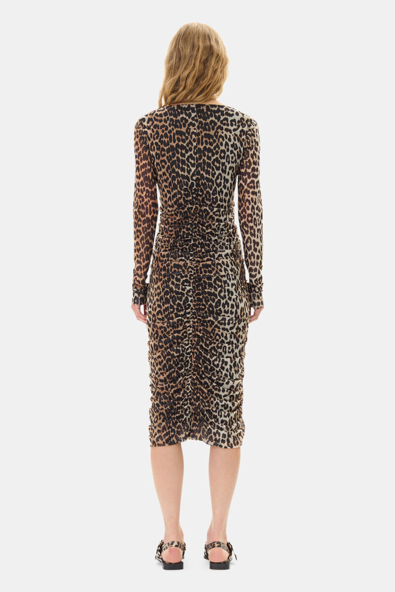 Leopard Mesh Printed Ruched Midi Dress | GANNI AE