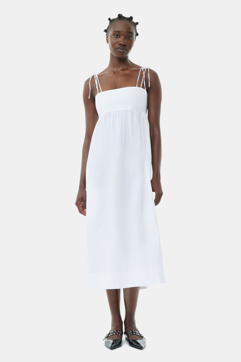 Bright White White Cotton Poplin String Midi Dress | GANNI UK