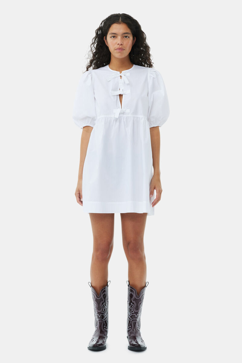 Bright White White Cotton Poplin Tie String Mini Dress | GANNI US