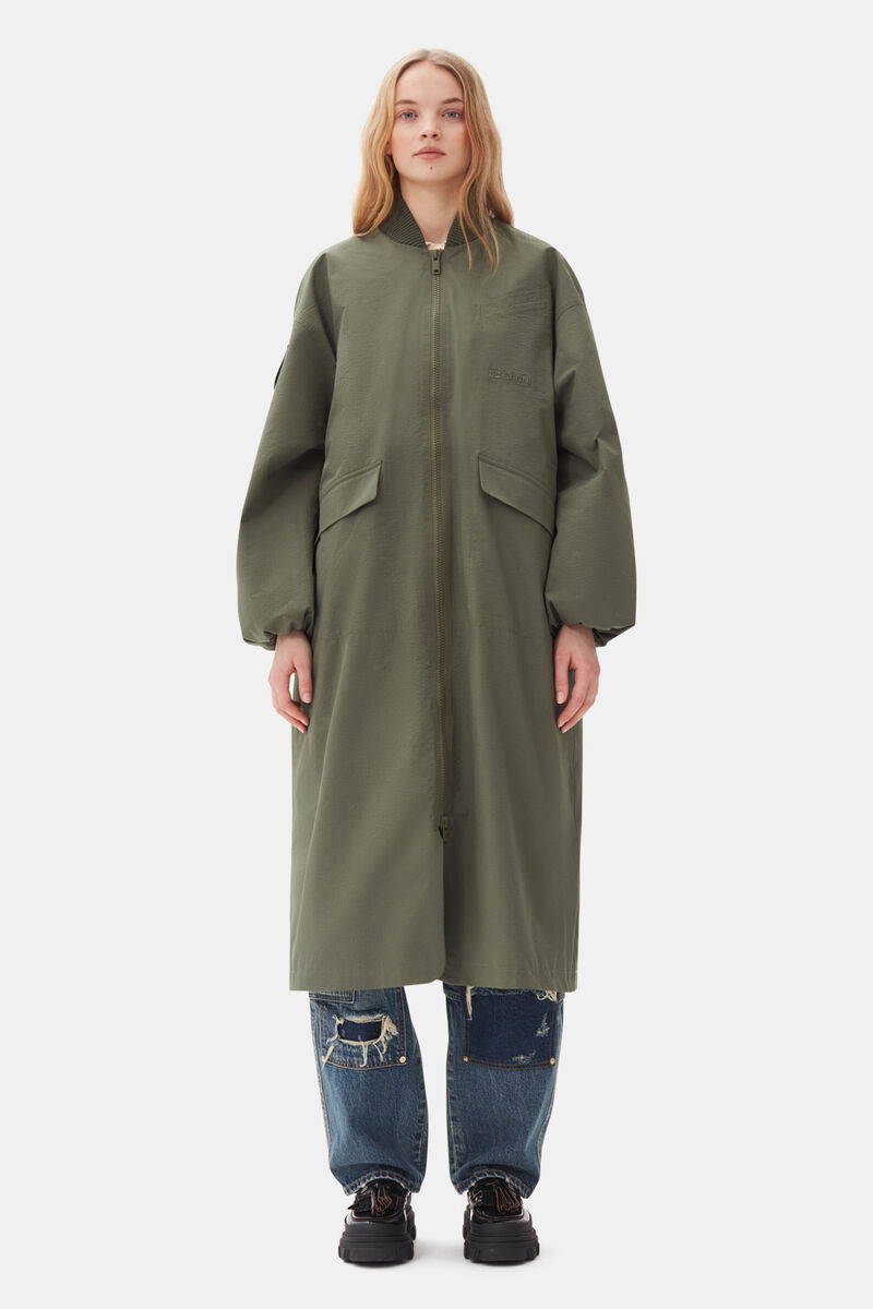 Beetle Green Tech Seersucker Oversized Shell Coat | GANNI