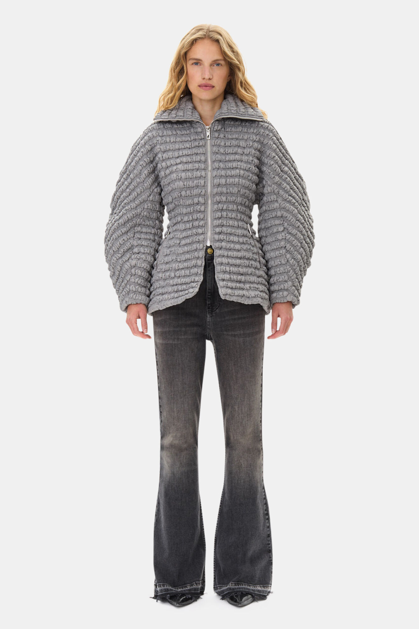 Mirage Gray Grey Stretch Quilt Curve Sleeve Jacket | GANNI
