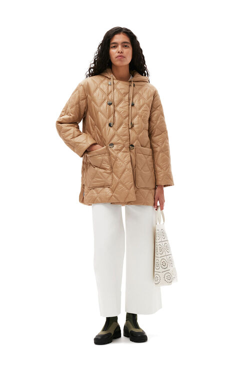 Ganni Hooded Quilted Parka In Neutrals | ModeSens