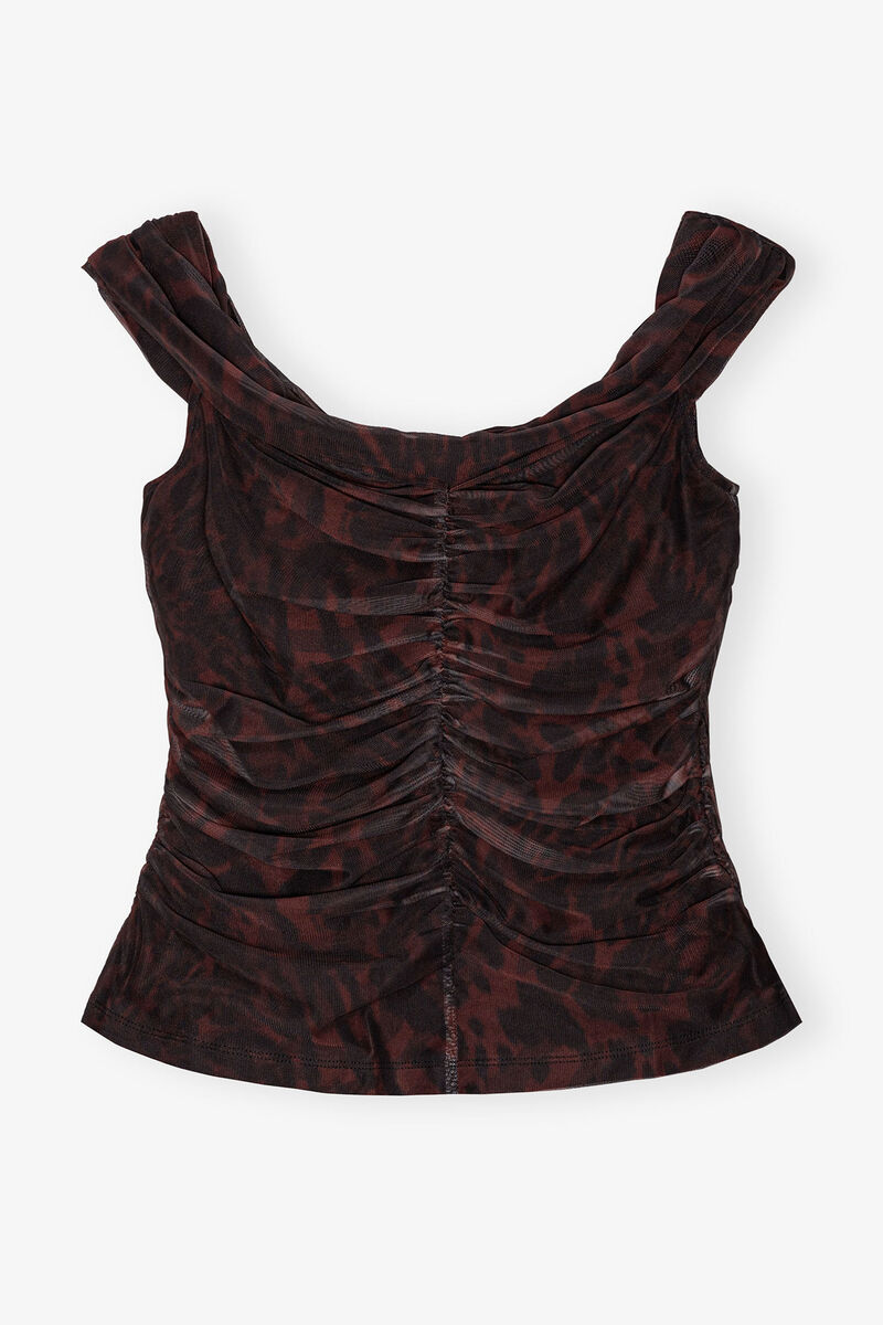 Bitter Chocolate Printed Mesh Off-shoulder Ruched Top | GANNI AU