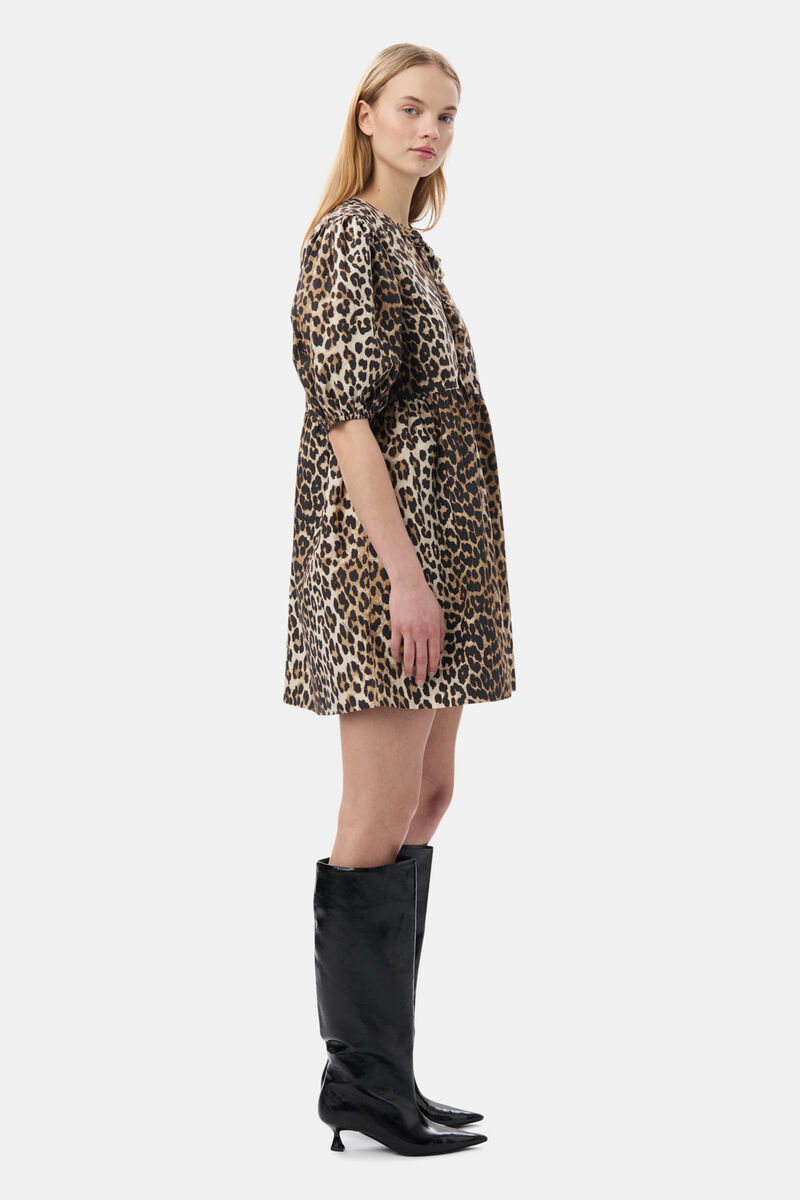 Leopard Leopard Printed Cotton Tie String Mini Dress | GANNI UK