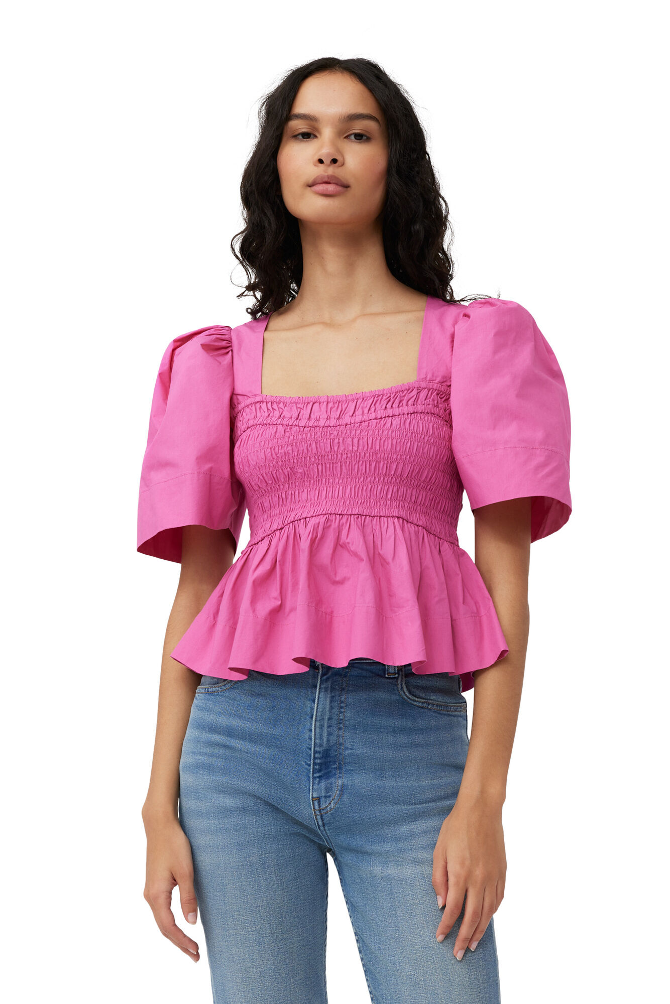 Pink Cotton Poplin Open-neck Smock Blouse | GANNI