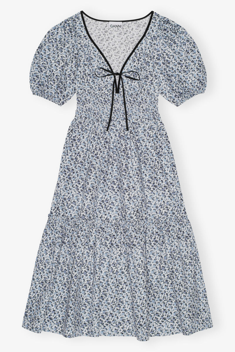 Glacier Lake Blue Floral Printed Cotton Long Smock Dress | GANNI NL
