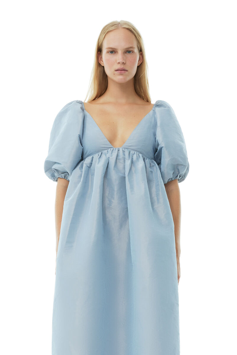 Powder Blue Light Blue Shiny Taffeta Long Dress | GANNI IT