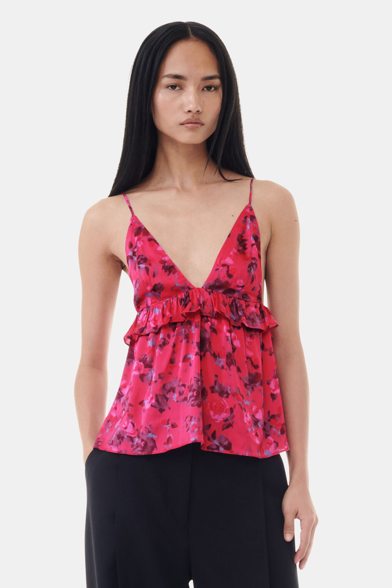 Raspberry Wine Red Floral Printed Satin Strap Top | GANNI DE