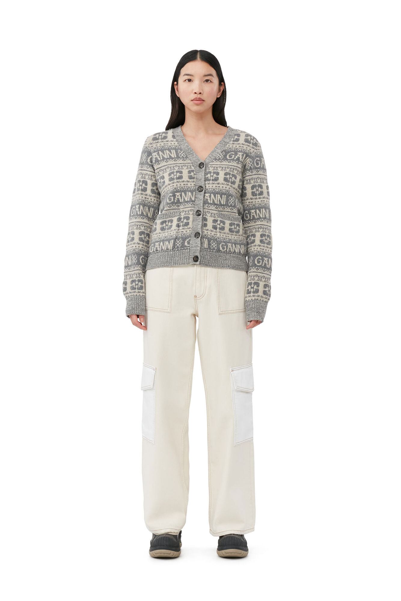 Grey Logo Wool Mix Cardigan | GANNI US