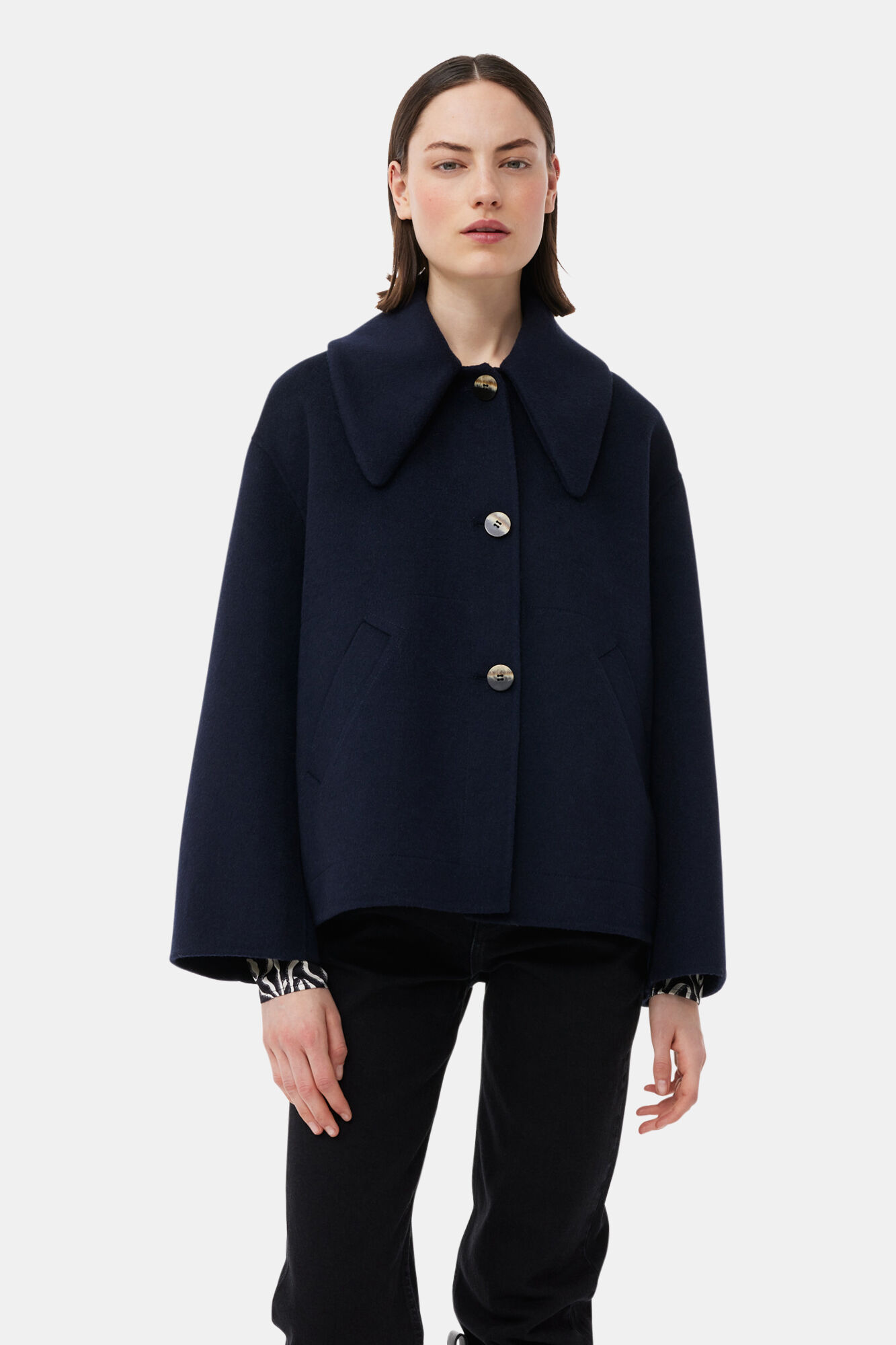 Sky Captain Blue Wool Wide Collar Jacket | GANNI US