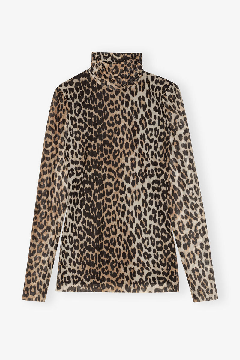 Leopard Leopard Printed Mesh Long Sleeve Rollneck | GANNI