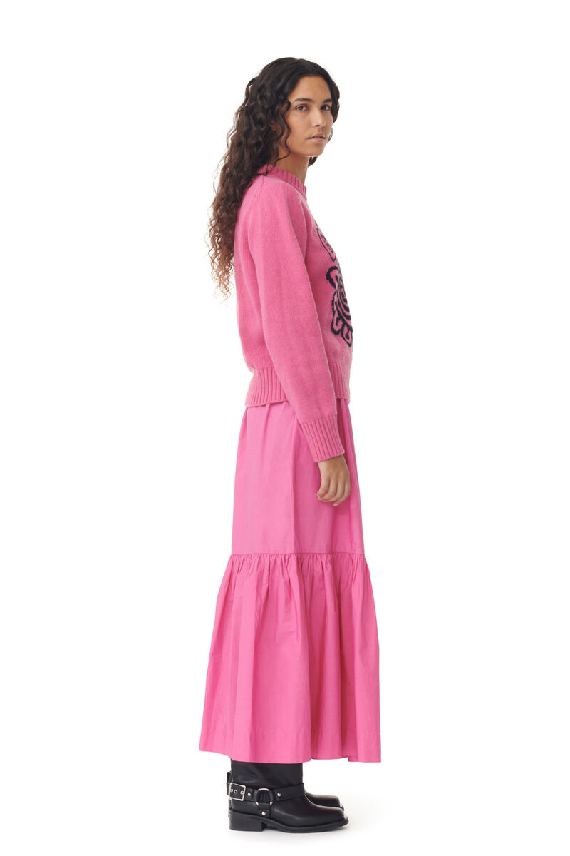 Cone Flower Pink Cotton Poplin Long Flounce Skirt | GANNI CA